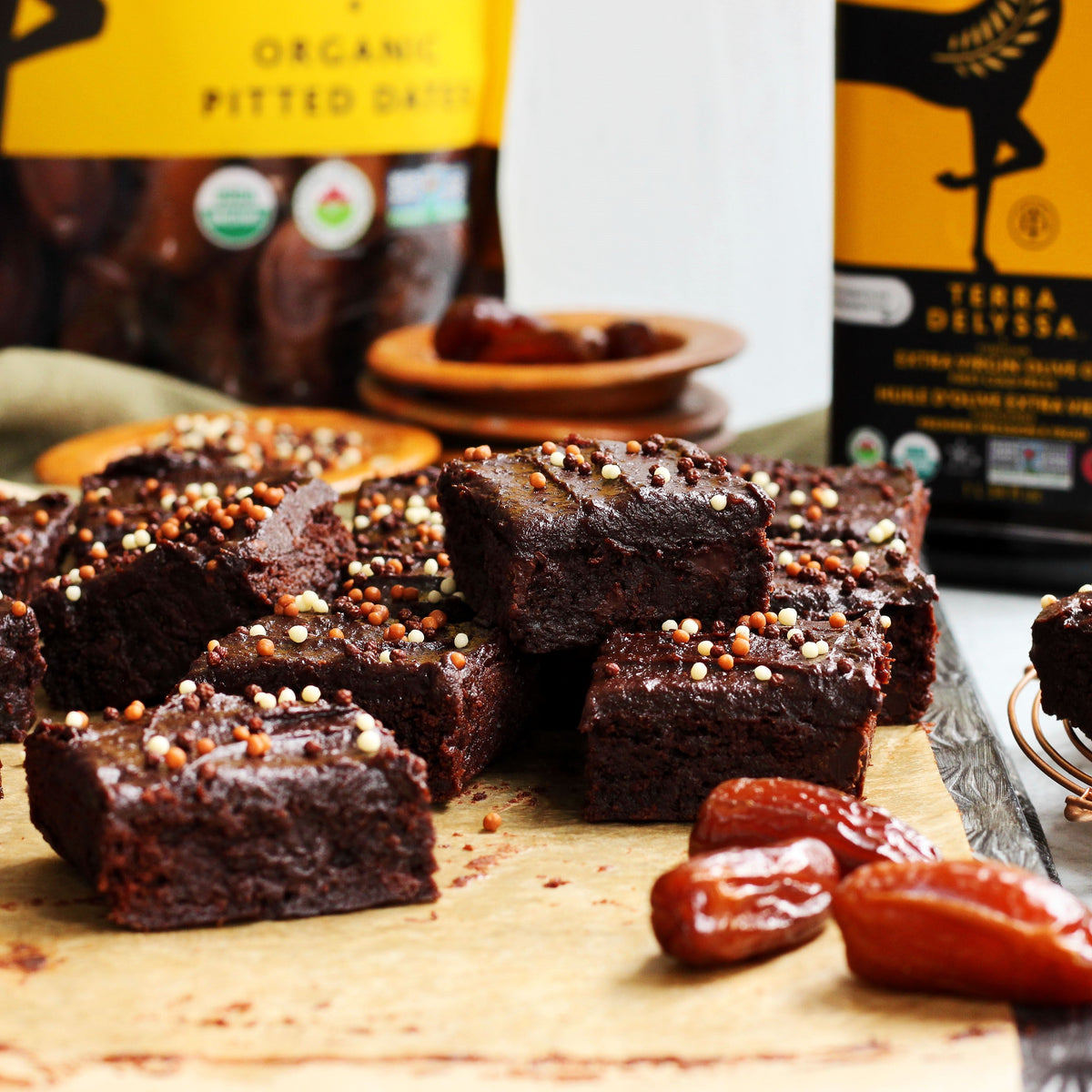 Olive Oil Brownies with Date Fudge Frosting – Terra Delyssa